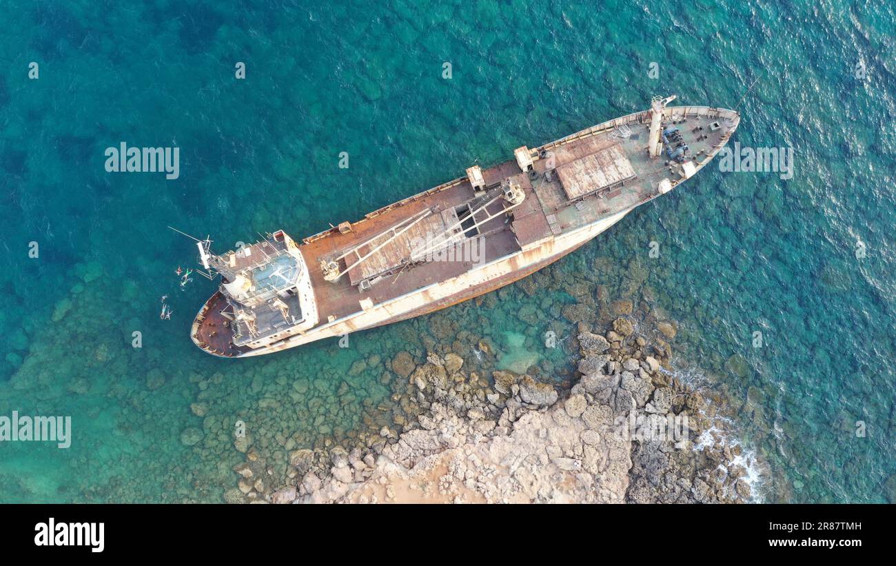 Beautiful aerial view of EDRO III Shipwreck in Paphos Cyprus Stock ...