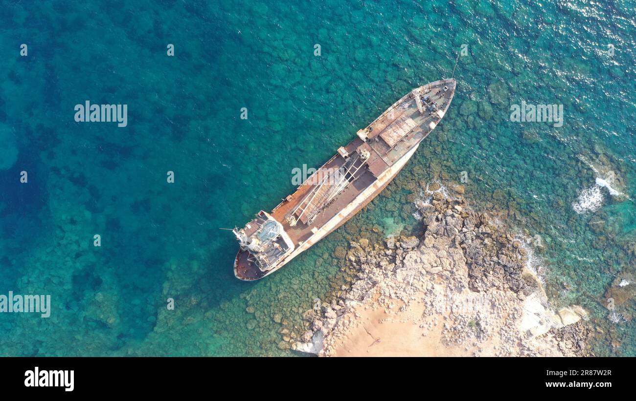 Beautiful aerial view of EDRO III Shipwreck in Paphos Cyprus Stock ...