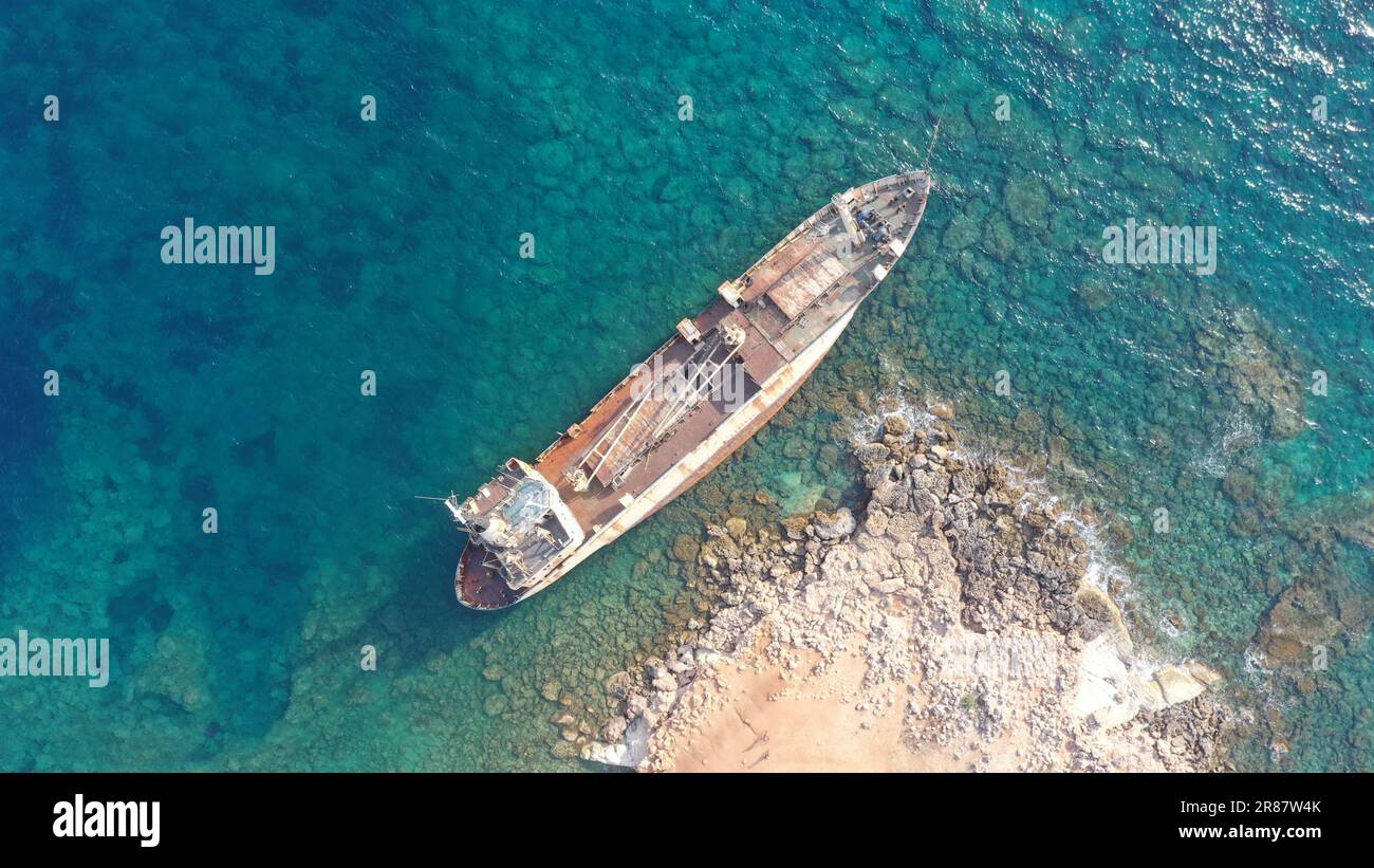 Beautiful aerial view of EDRO III Shipwreck in Paphos Cyprus Stock ...