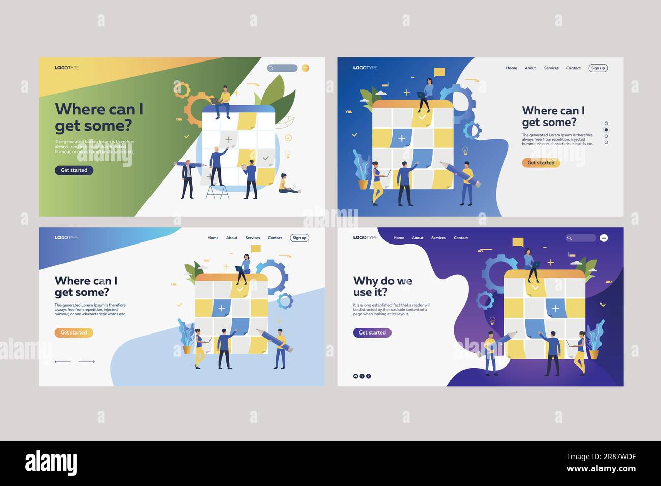 Set of employees sticking paper notes on planning boards Stock Vector ...