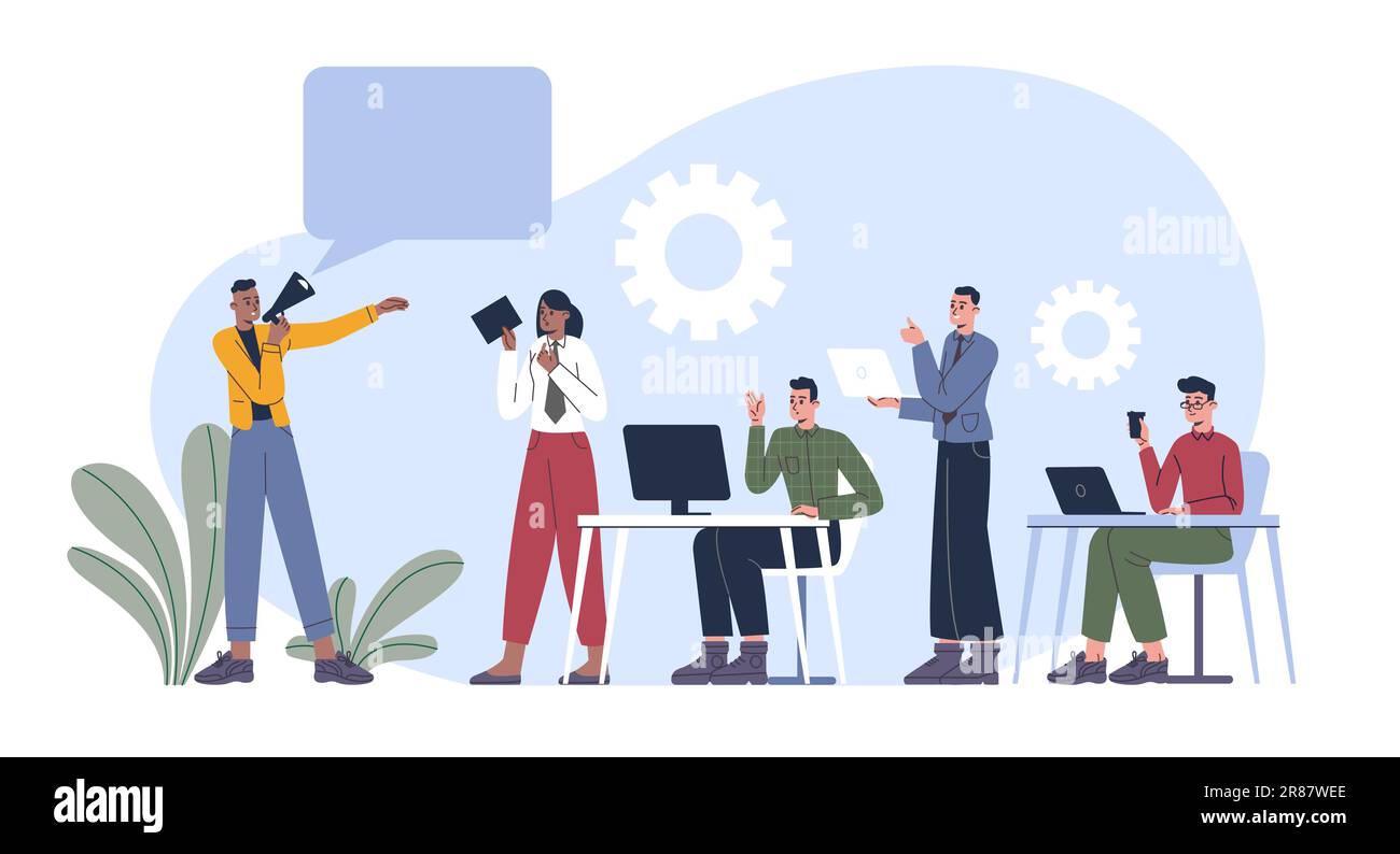 Boss pushing employees. Cartoon chief with megaphone manages and ...