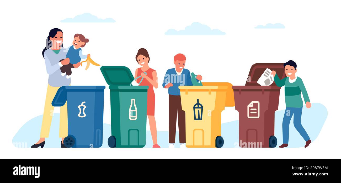 Children and parents learn to sort waste. People group throw away ...