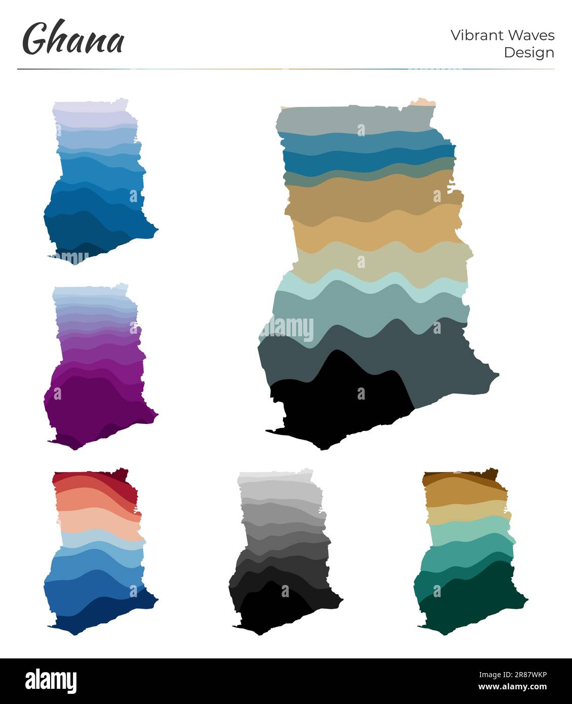 Set of vector maps of Ghana. Vibrant waves design. Bright map of ...