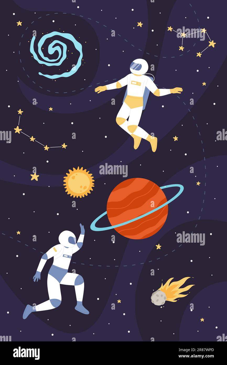 Cartoon astronauts in helmet and spacesuit flying among solar system planets, asteroids and ...