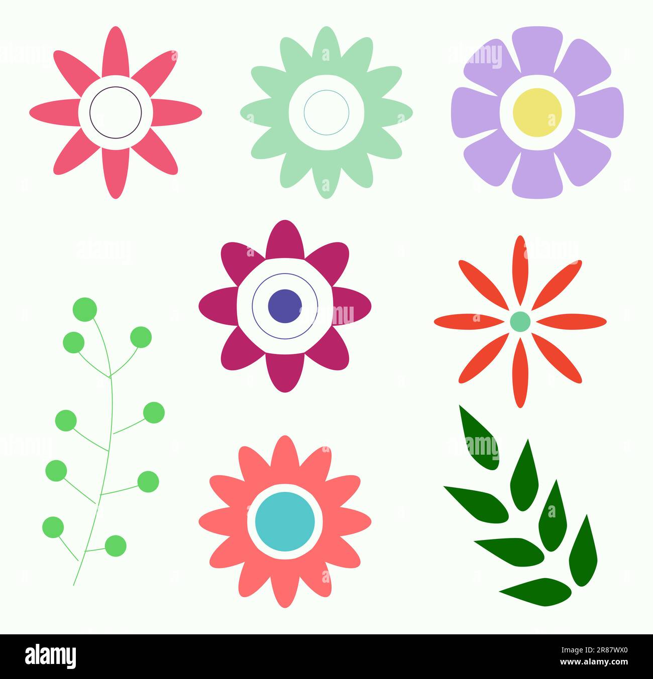 Retro Groovy Flowers And Leaves. Collection Of Different Doodle Flowers ...
