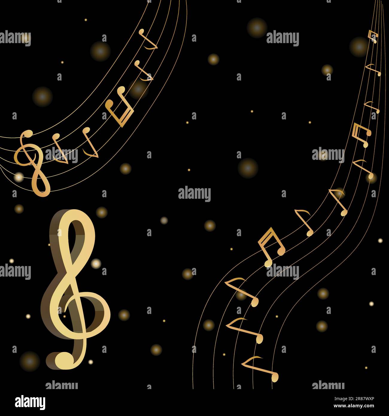 Musical background with clef and notes and 3D effects in gold tone on ...
