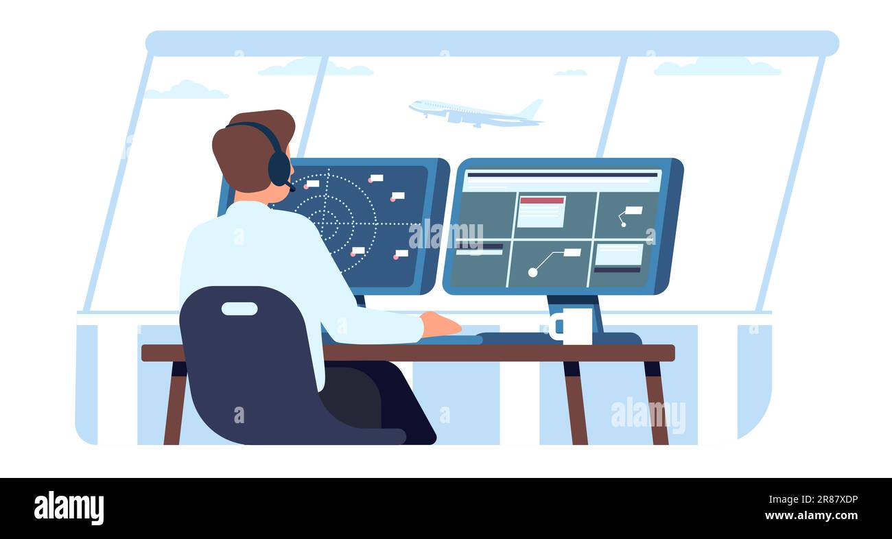 Air traffic controller and supervisor in airport tower controls flight ...
