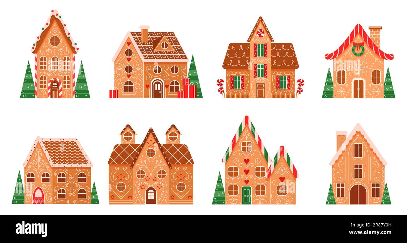 Gingerbread houses set vector illustration. Cartoon isolated ginger ...