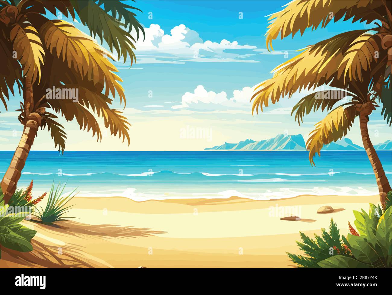 Vacation background. Beach with palm trees and blue sea Stock Vector ...