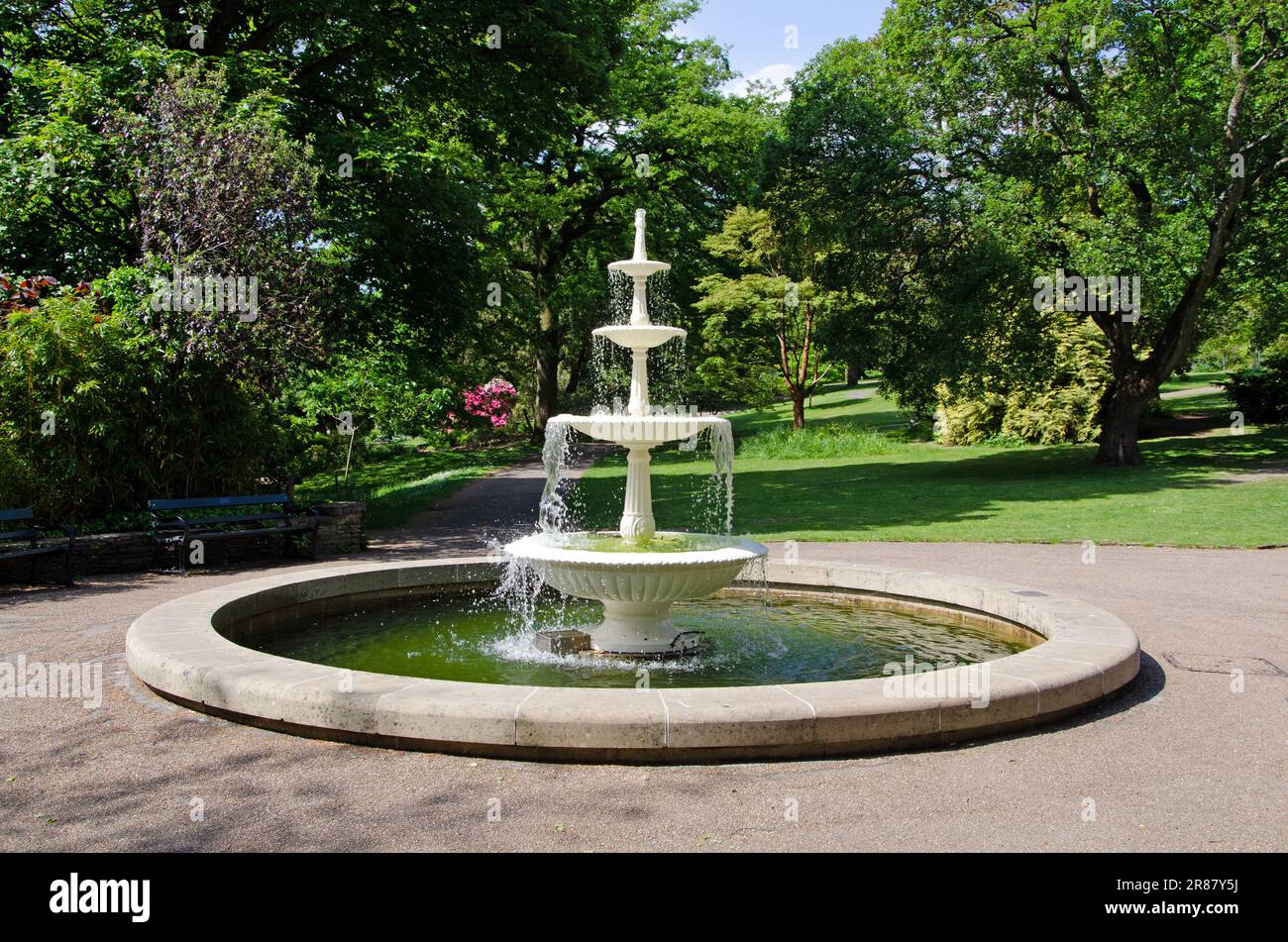 Four tier water fountain in a park with trees in the back ground Stock ...
