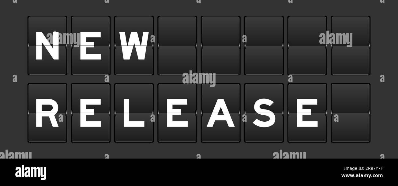 Black color analog flip board with word new release on gray background ...