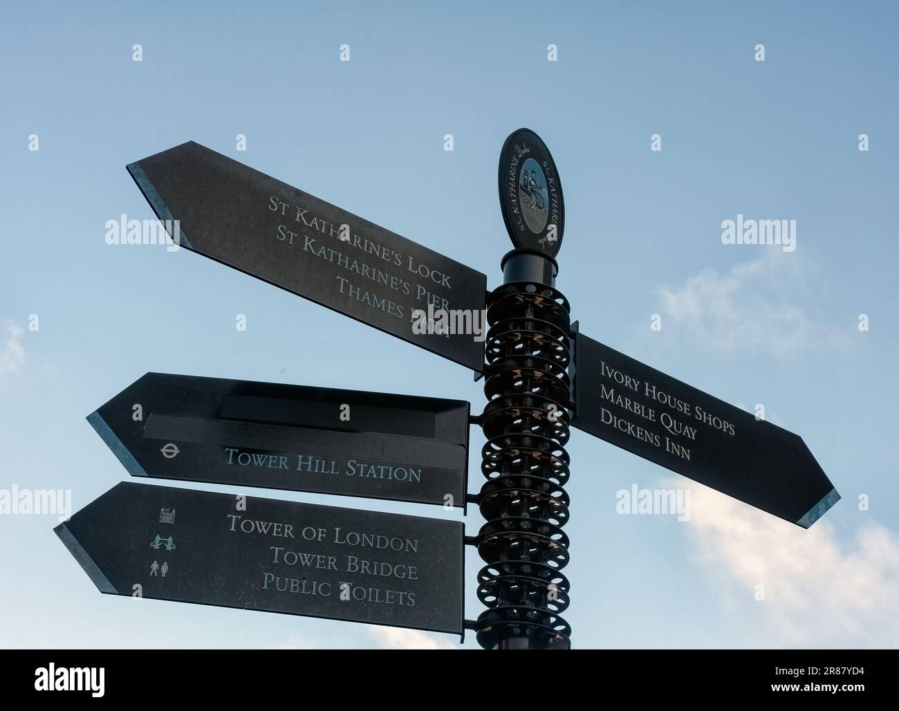 LONDON, UK - JANUARY 03, 2010: Signpost in St Katherine Docks with ...