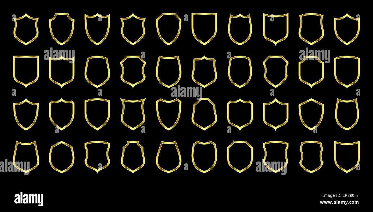 Set of metal vintage shield frames. Shiny golden heraldic shields ...