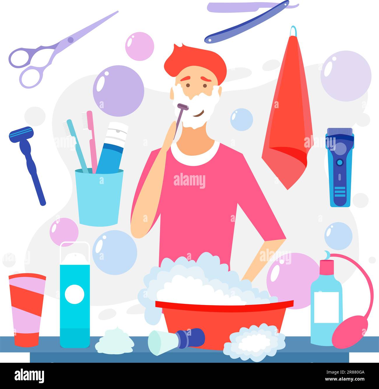 Man Shaving Face with Foam. Skin Care. Vector cartoon illustration. Man with shaving cream on ...
