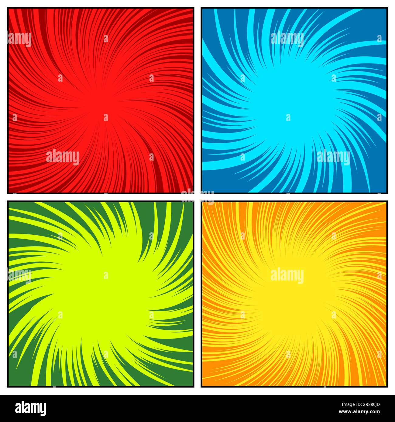 Colorful twisted comic book radial rays, lines. Comics background with ...