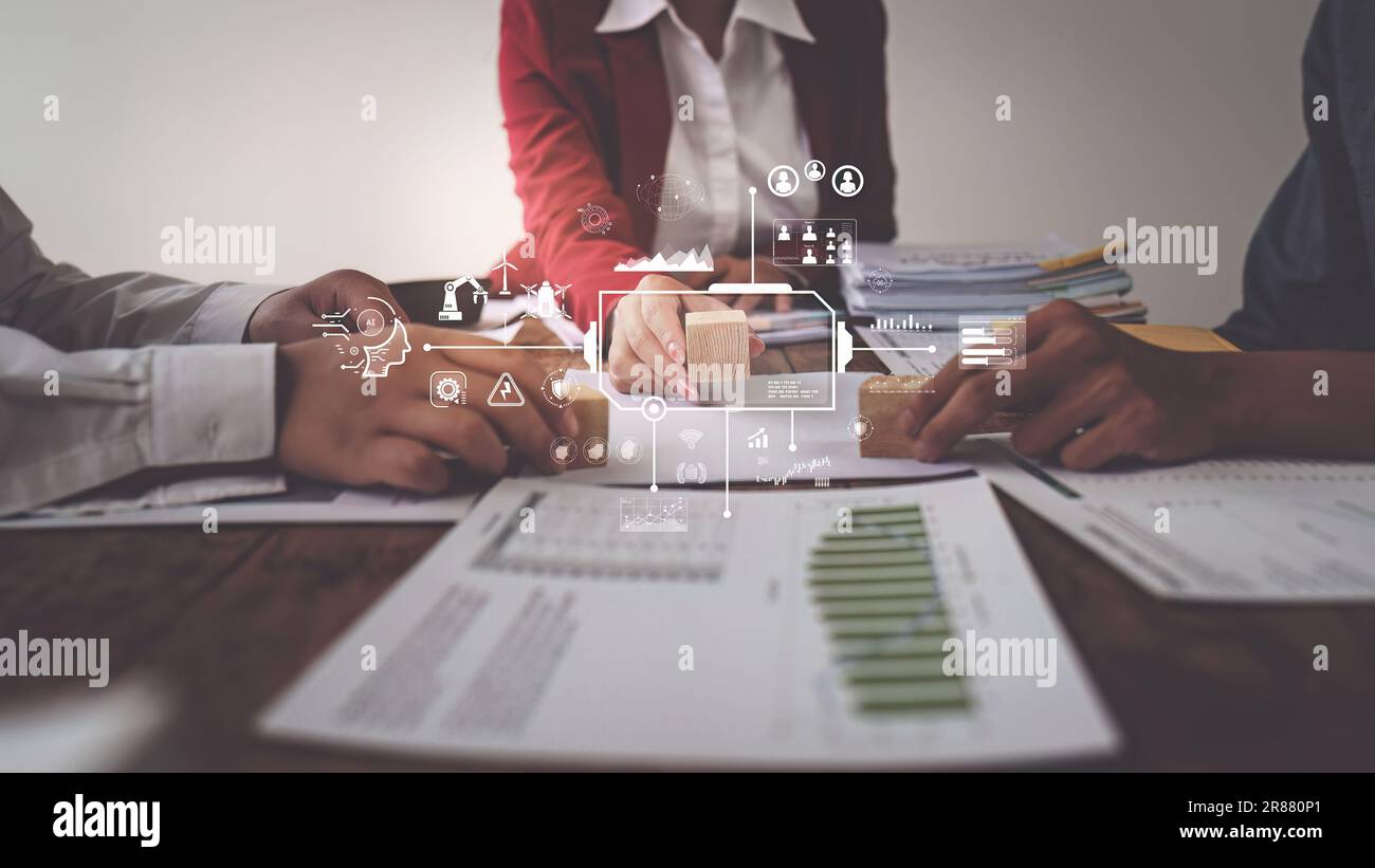 Business people process and workflow automation with flowchart ...