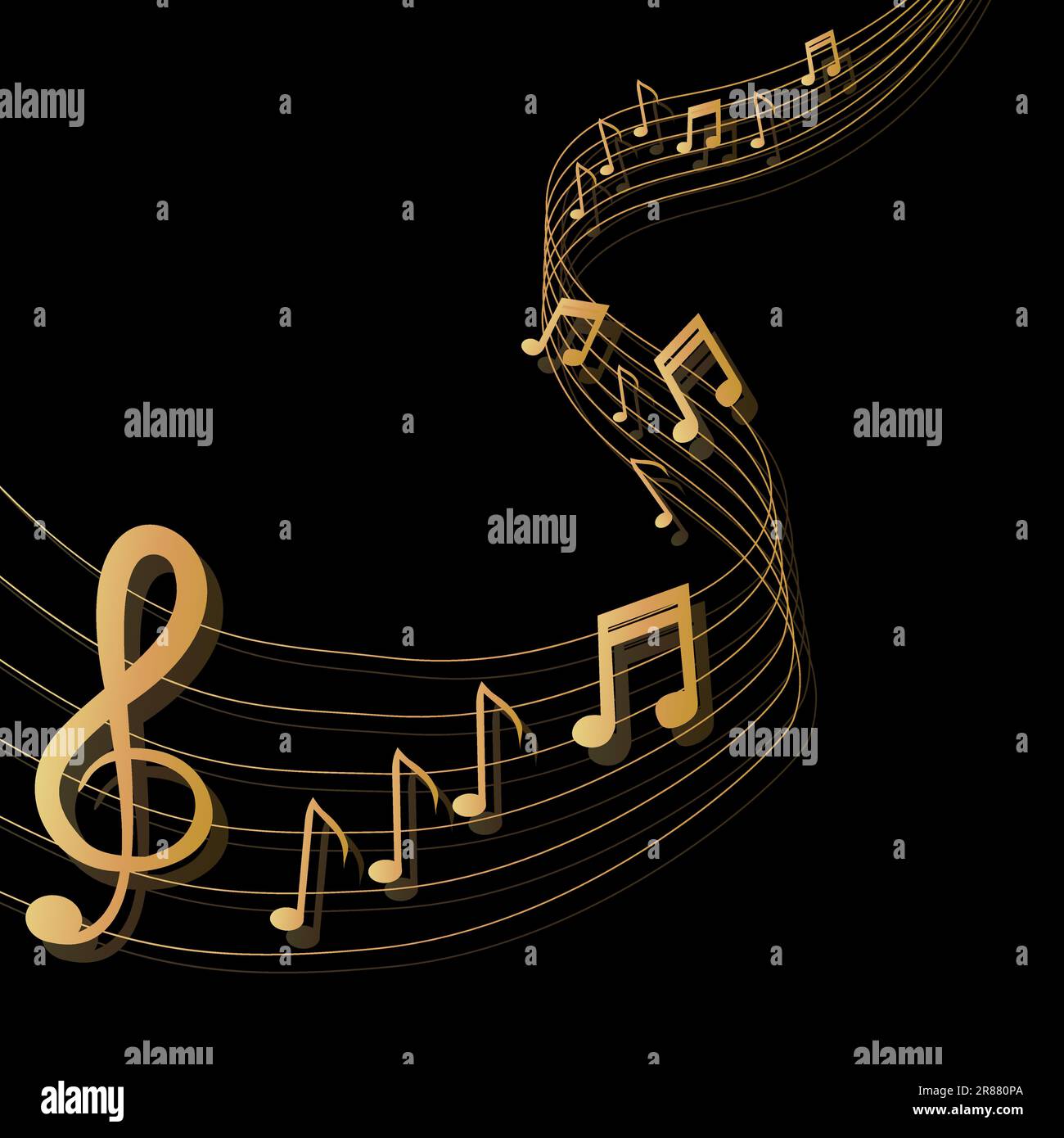 Musical background with clef and notes and 3D effects in gold tone on ...