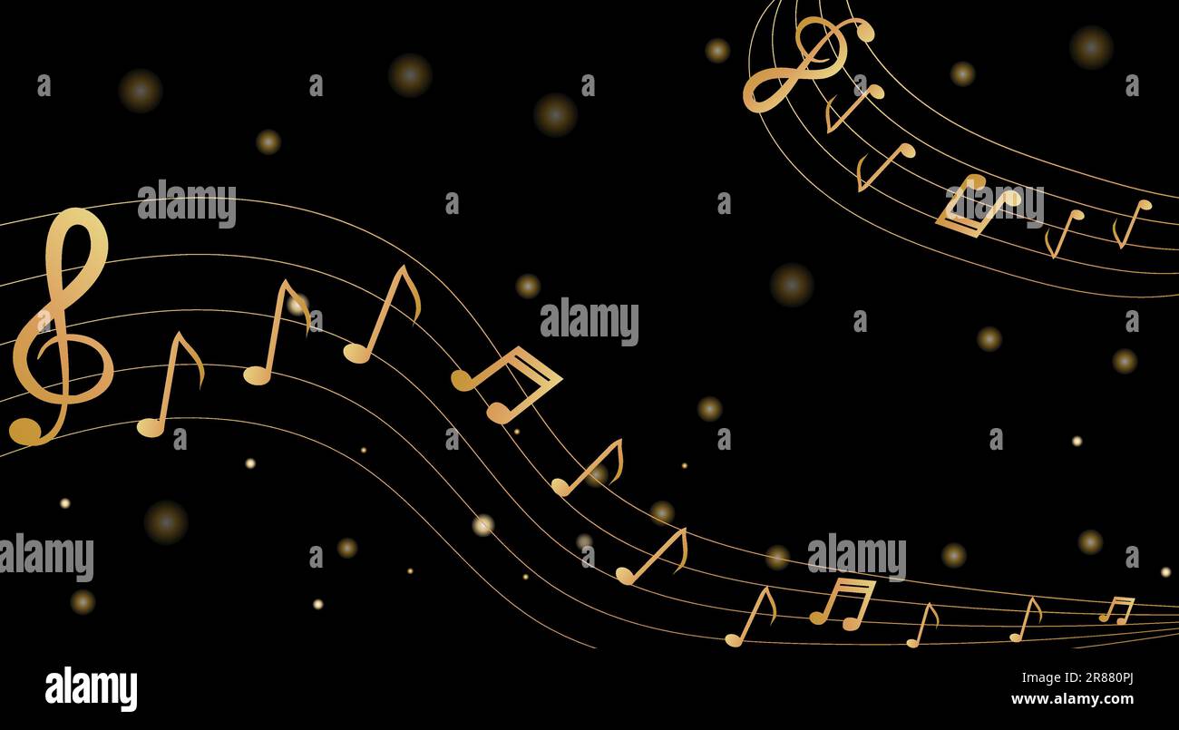 Musical background with clef and notes and 3D effects in gold tone on ...