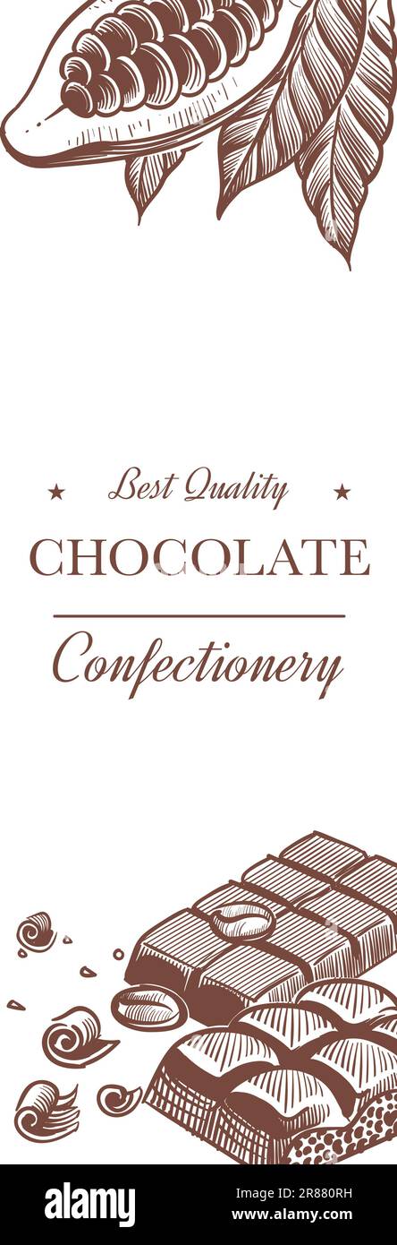 Cocoa and chocolate banner. Sweet product and plant with leaves. Sketch ...