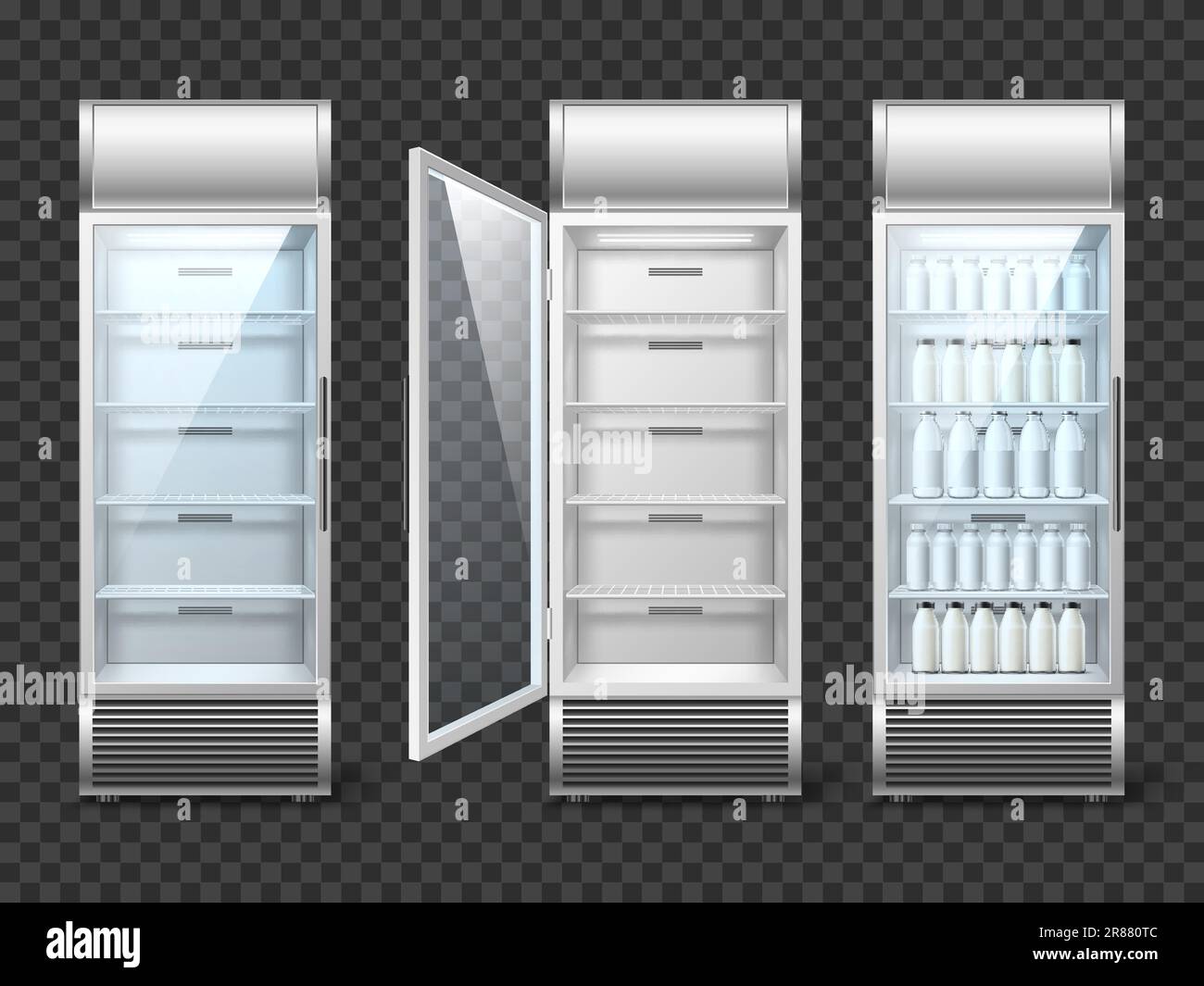 Realistic fridge with drinks. Supermarket equipment, empty and full ...