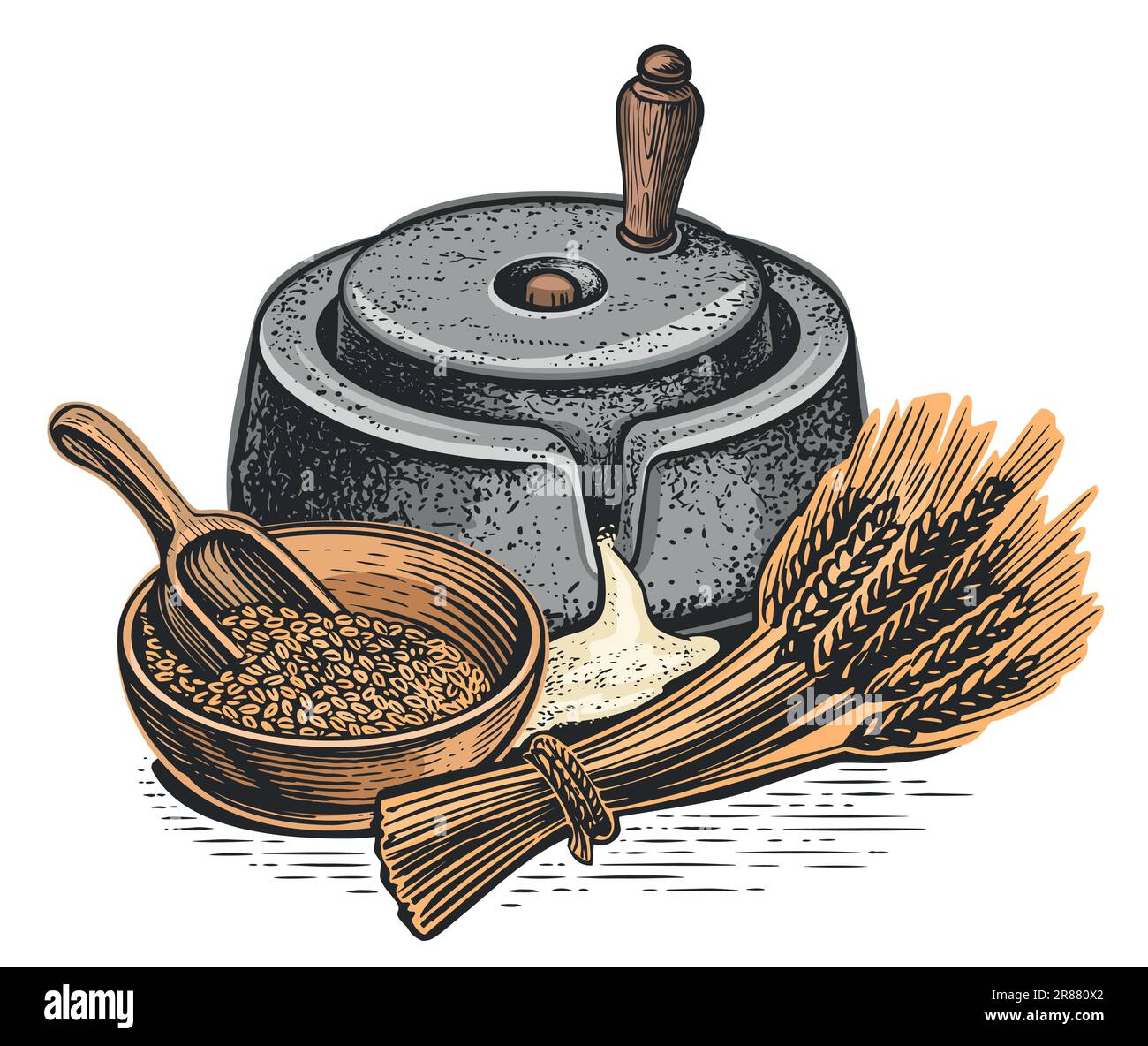 Grain sack and millstone, wheat. Flour production concept. Vector ...