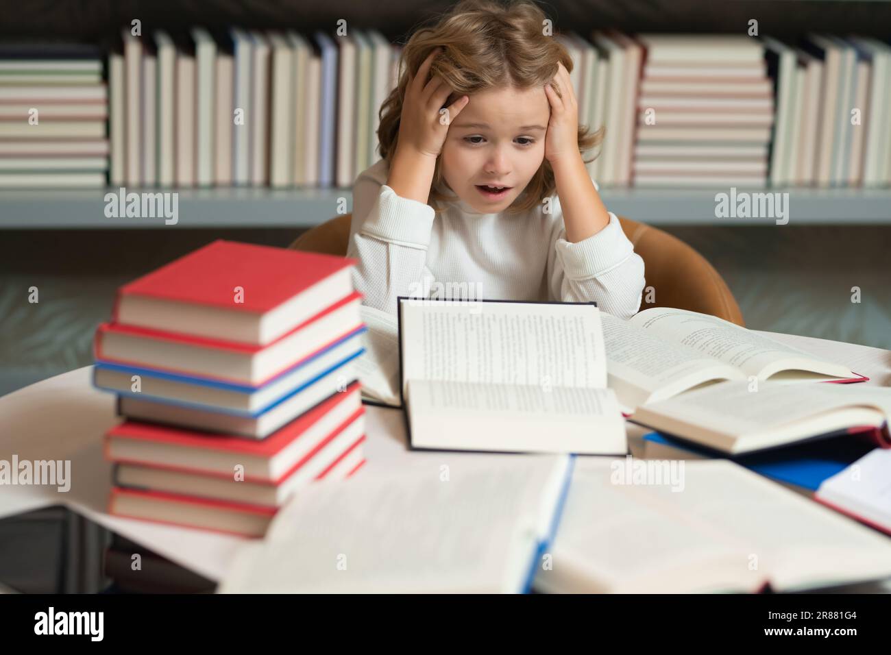 School boy. Back to school. School kid pupil studying in school library ...