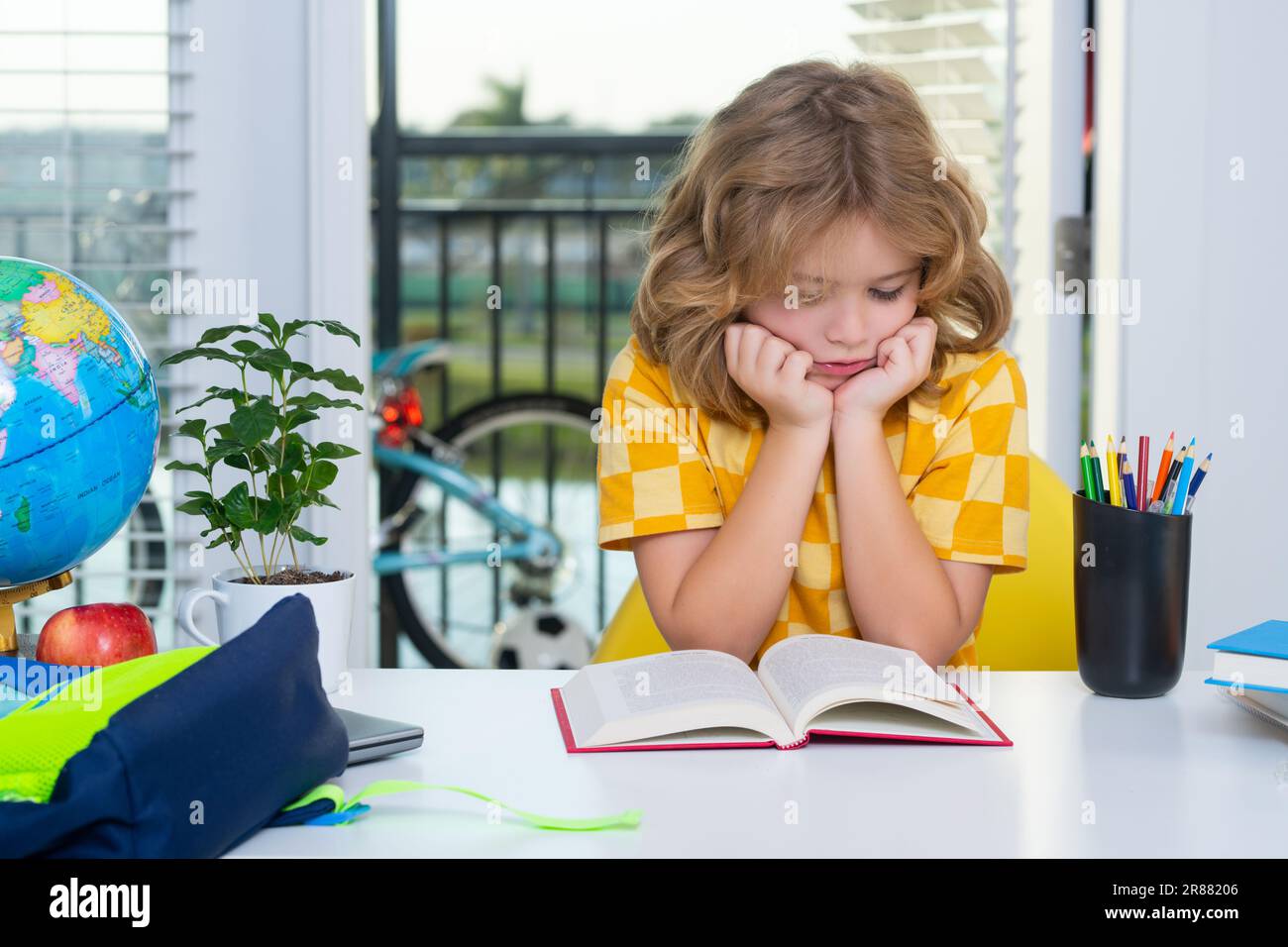 Child reading book. School kid student learning, study language or ...