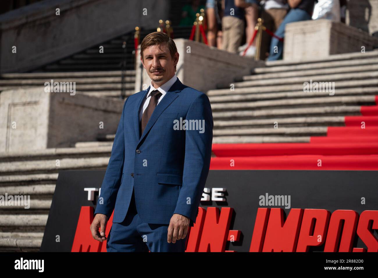 Rome, Italy. 19th June, 2023. British actor Frederick Schmidt waves as he poses on the Spanish ...