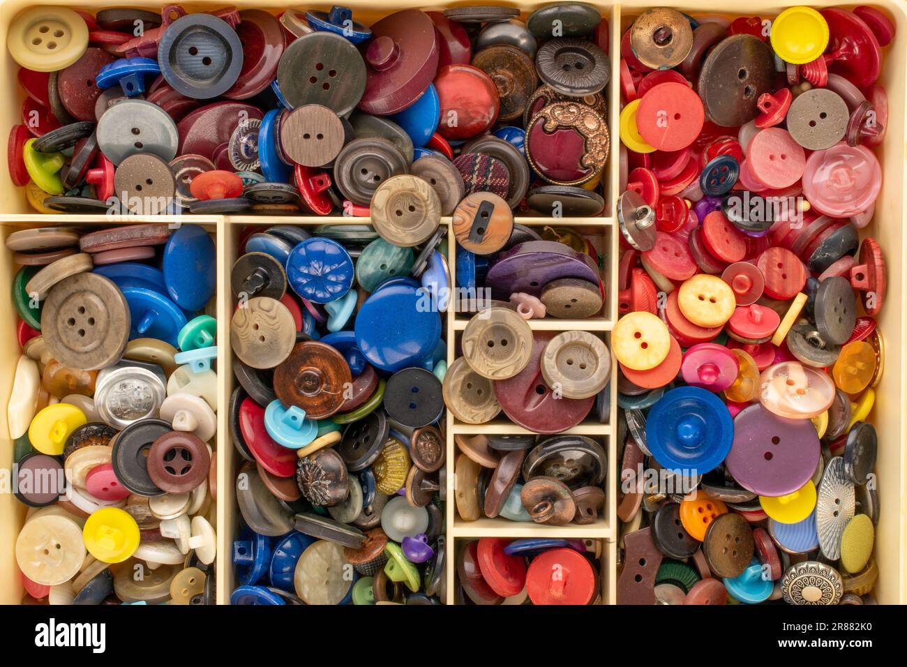 Many buttons in a plastic container, macro, top view Stock Photo - Alamy