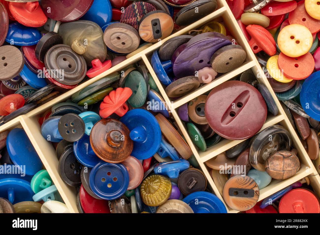 Many buttons in a plastic container, macro, top view Stock Photo - Alamy