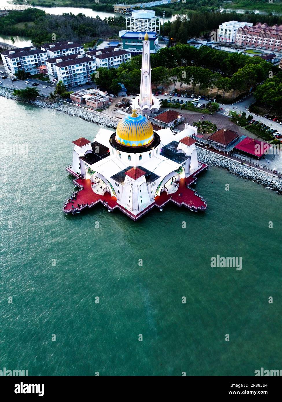 An aerial view of the Malacca Straits Mosque in Malacca City, Malaysia ...