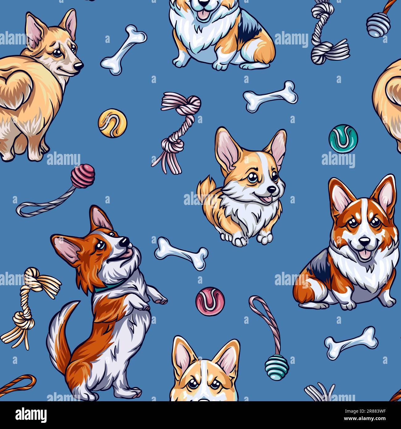 Seamless pattern of cute corgi dogs, and dog staff, pet dog accessories ...