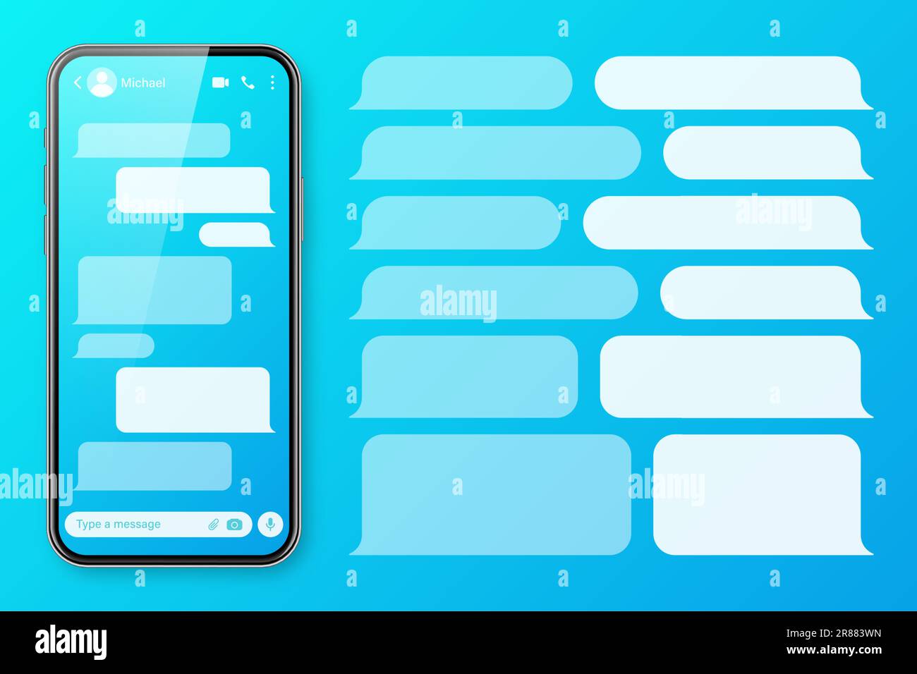 Realistic smartphone with messaging app on colorful blue background ...