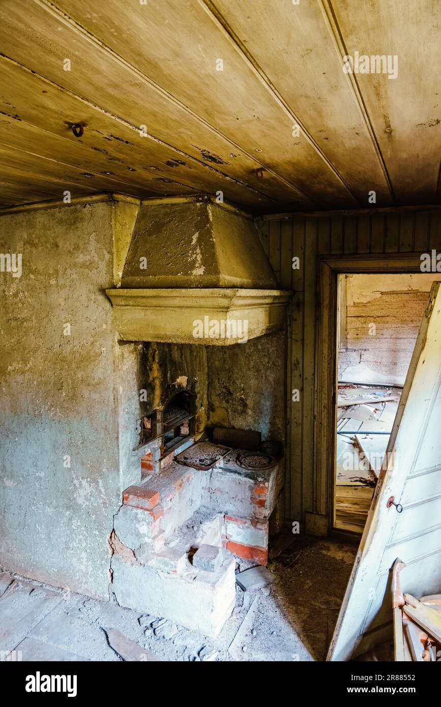 Interior in an old kitchen at a abandoned ruined cottage, Sweden Stock ...