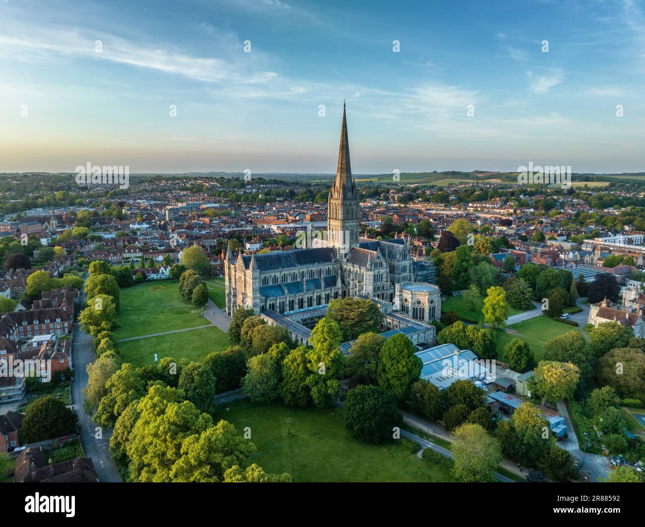 Aerial view of Salisbury Cathedral, Salisbury Wiltshire, England ...
