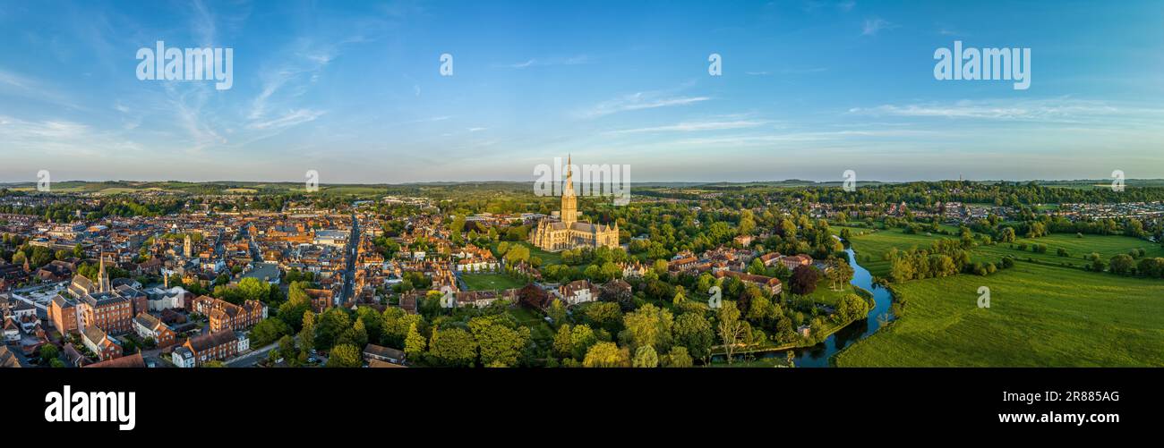 Aerial panorama of the city of Salisbury with Salisbury Cathedral ...
