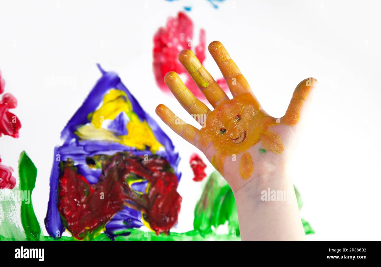 Finger, fingerpaint, child, house, spring, summer, sun, grass, draw ...