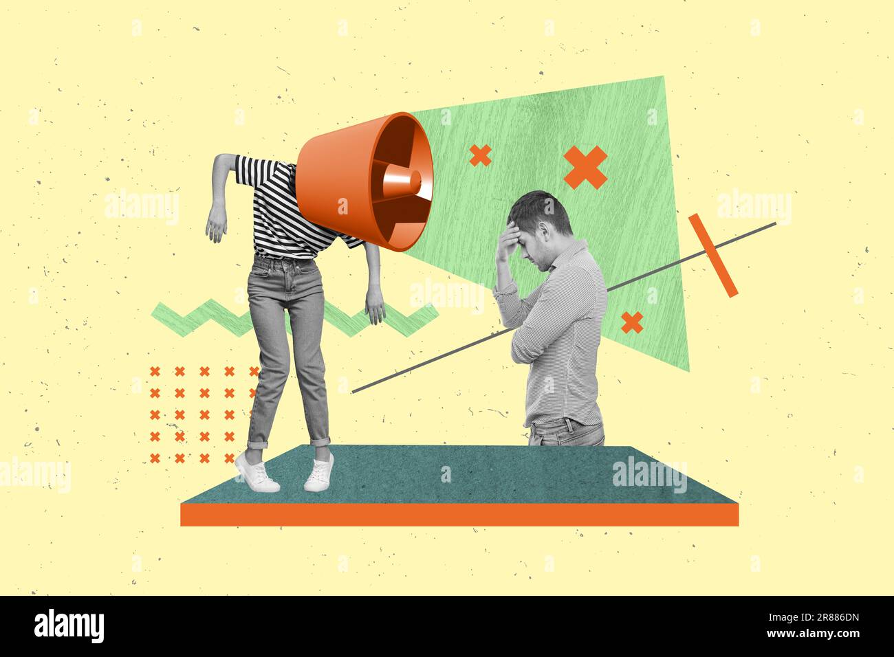 Photo absurd magazine collage of depression young employer listen ...