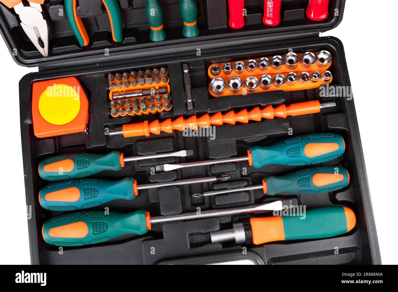 Tool kit in black box isolated on white background Stock Photo - Alamy