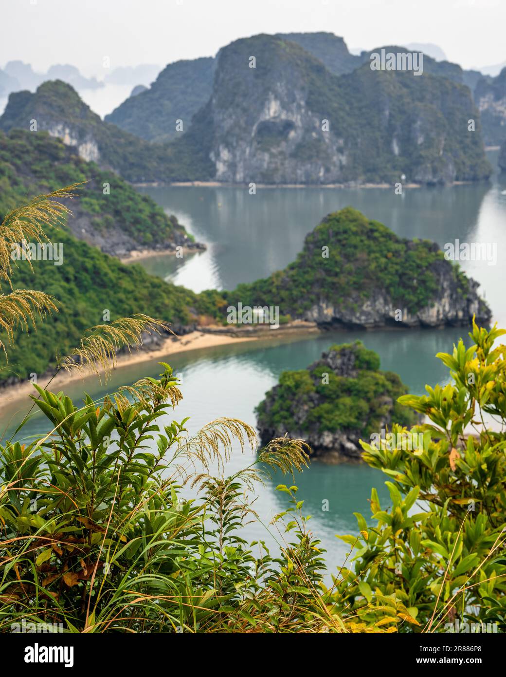 An aerial view of Halong Bay in Vietnam, Southeast Asia with mountains ...