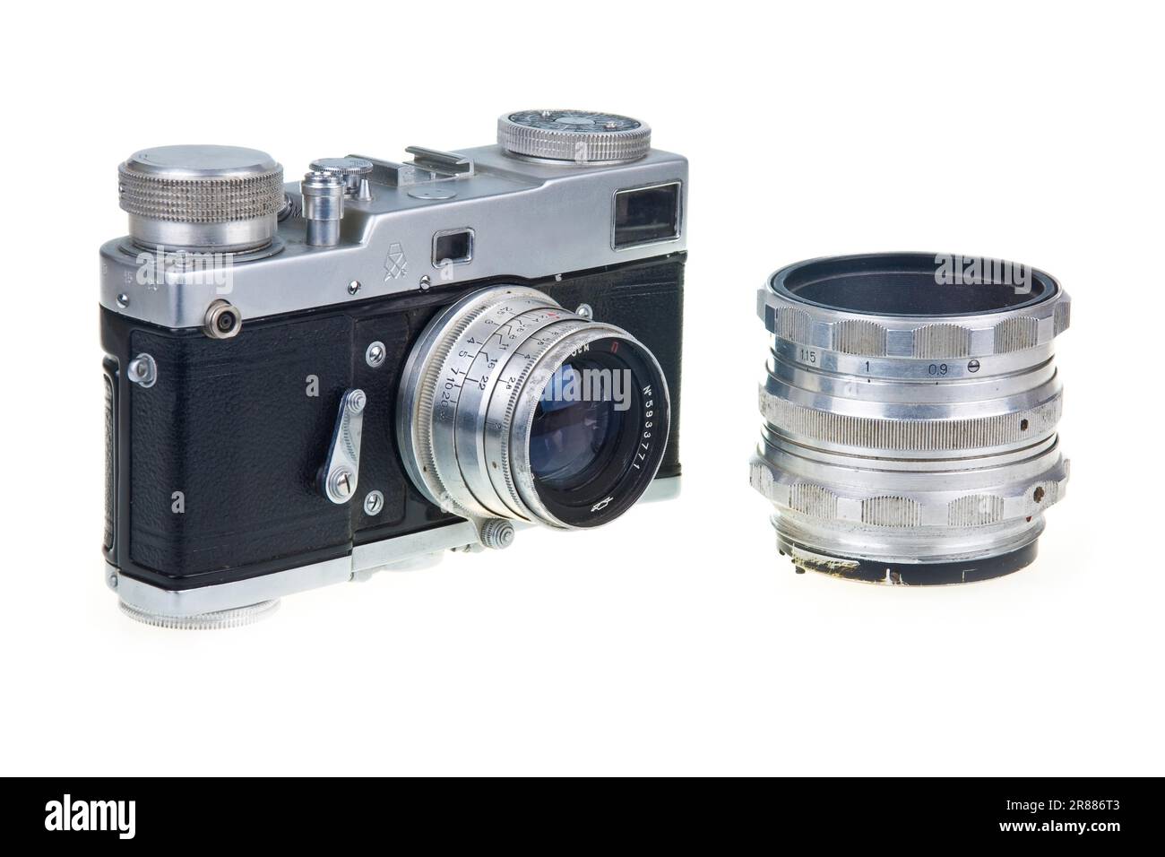 Old Film Camera and Lens Isolated on White Background Stock Photo - Alamy