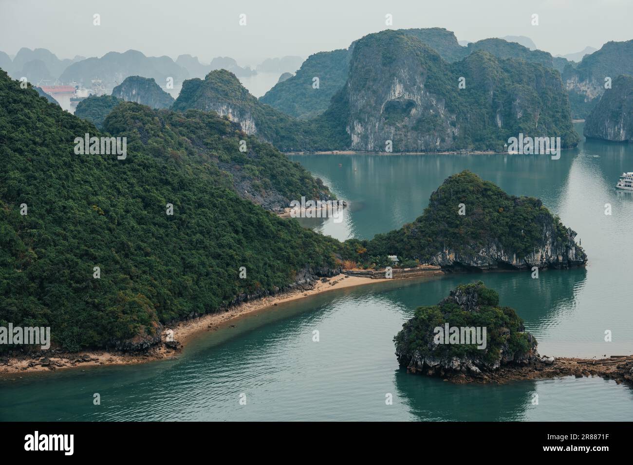 An aerial view of Halong Bay in Vietnam, Southeast Asia with mountains ...