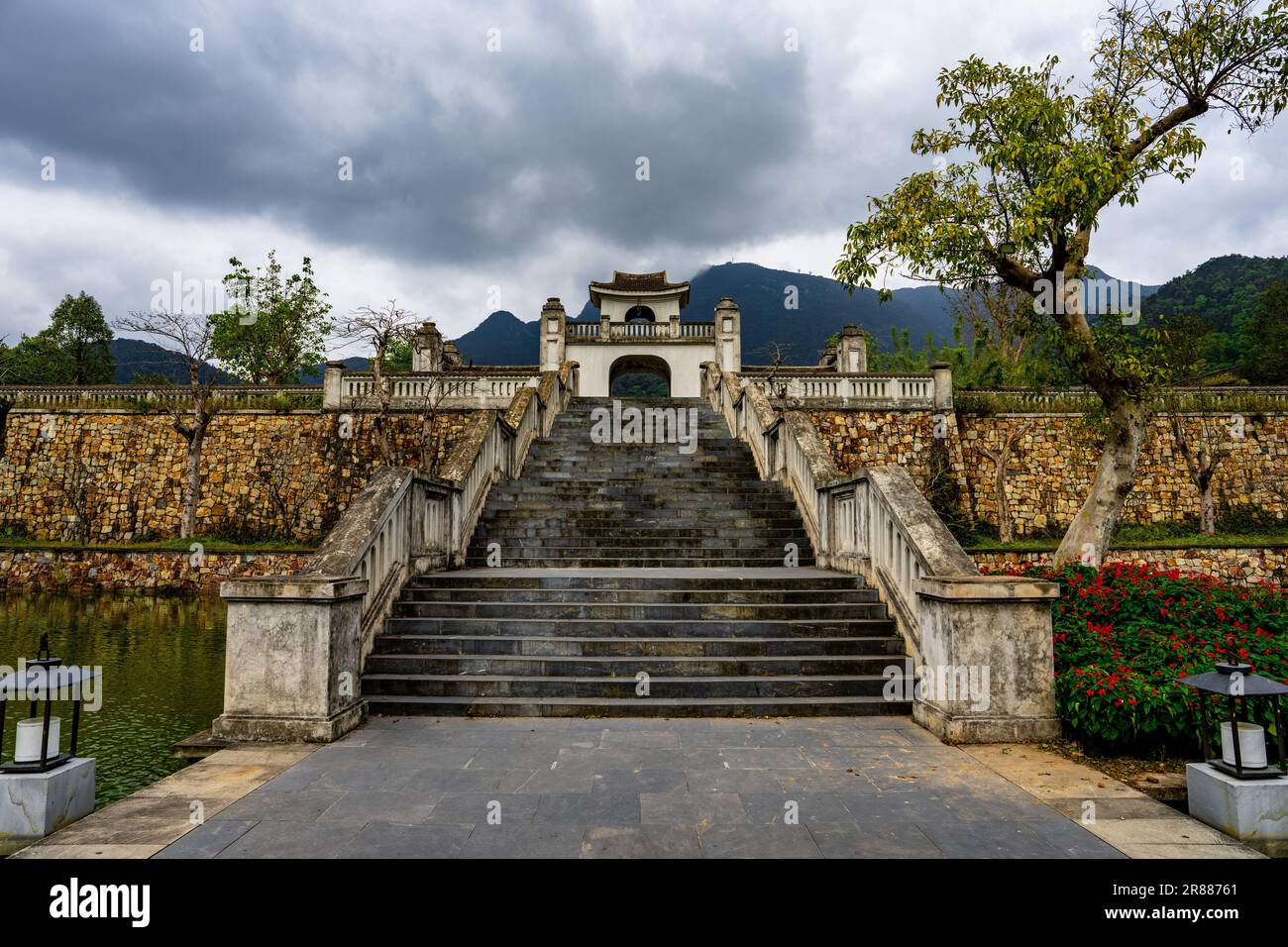 A picturesque view of a traditional Vietnamese temple complex located ...