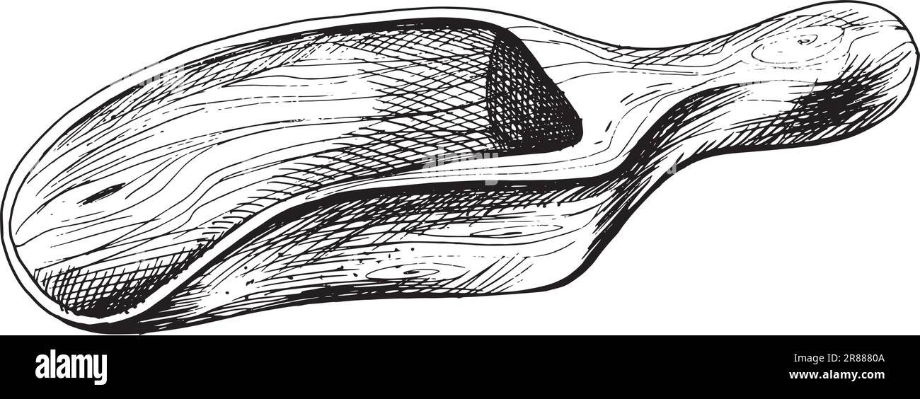 Wooden scoop for loose products, elongated, deep. Graphic illustration ...