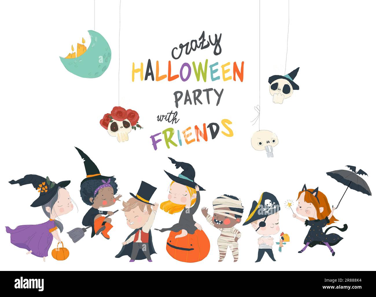 Set of Multiracial Boys and Girls, wearing Halloween Costumes isolated ...