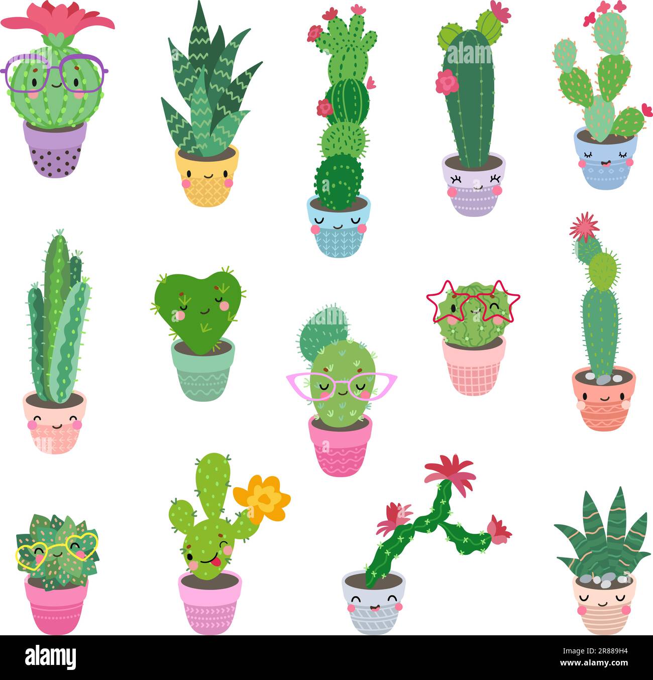 Cactus characters, cute funny cacti plant in decorative pots. Children ...