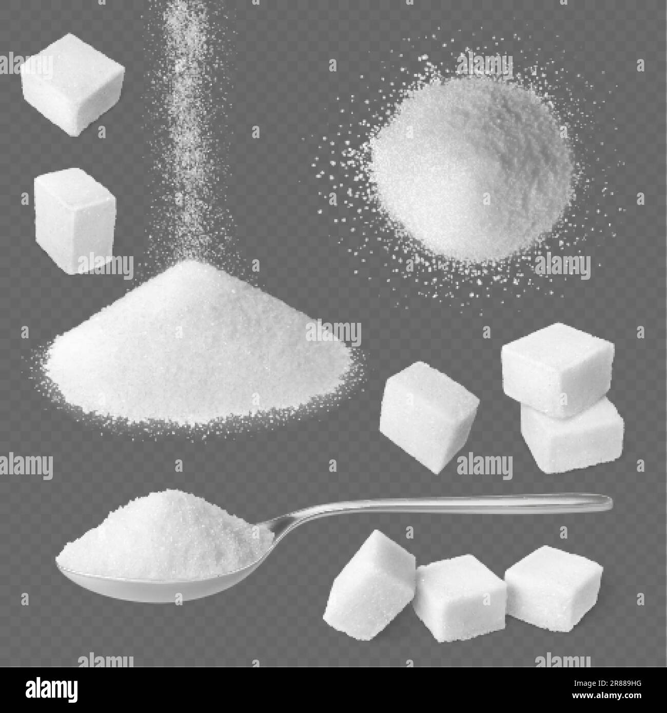 Realistic white sugar, heap salt and sugar in metallic spoon. Sugaring ...