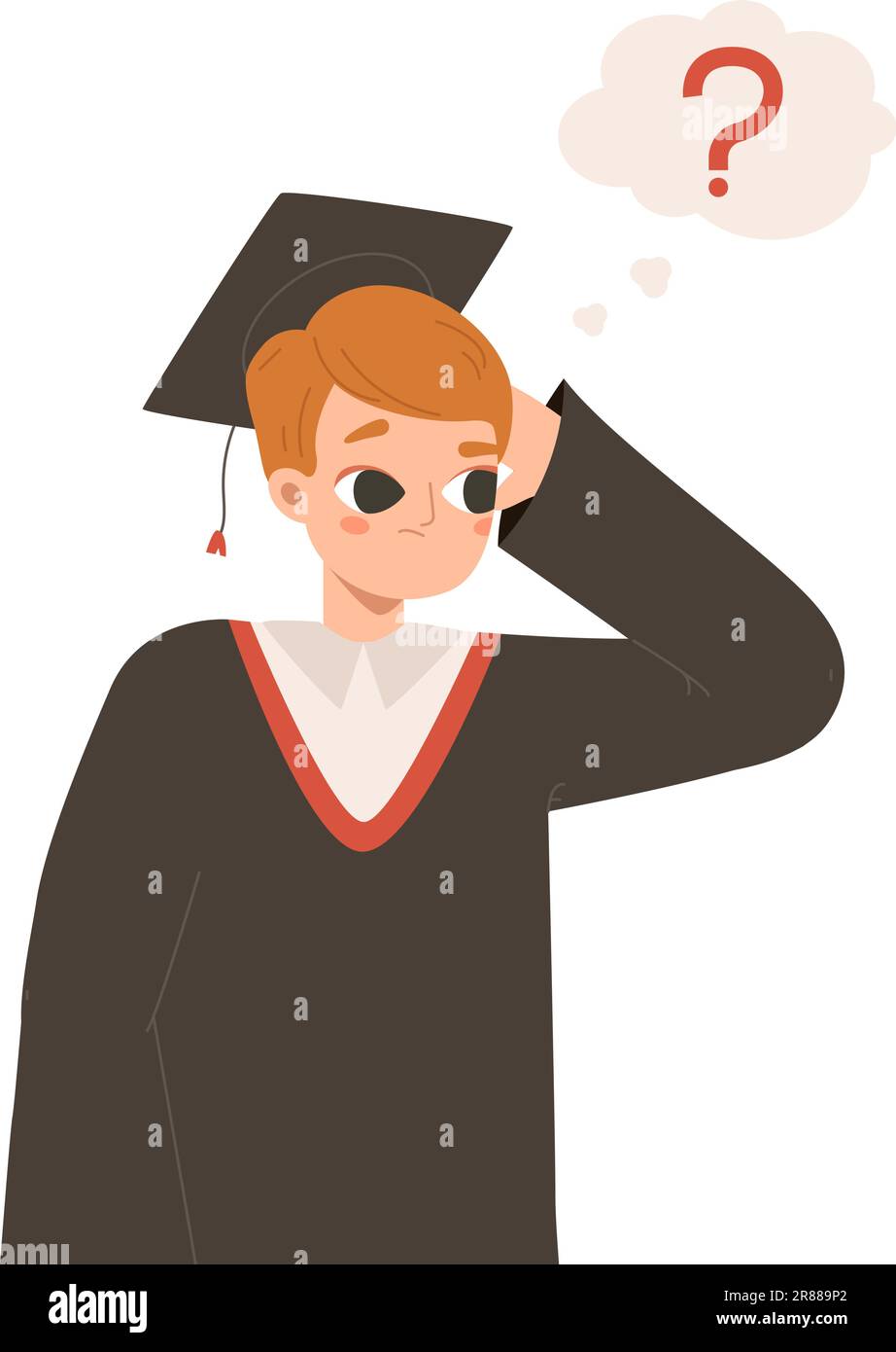 Graduated student thoughtful, boy has question and looking answers ...