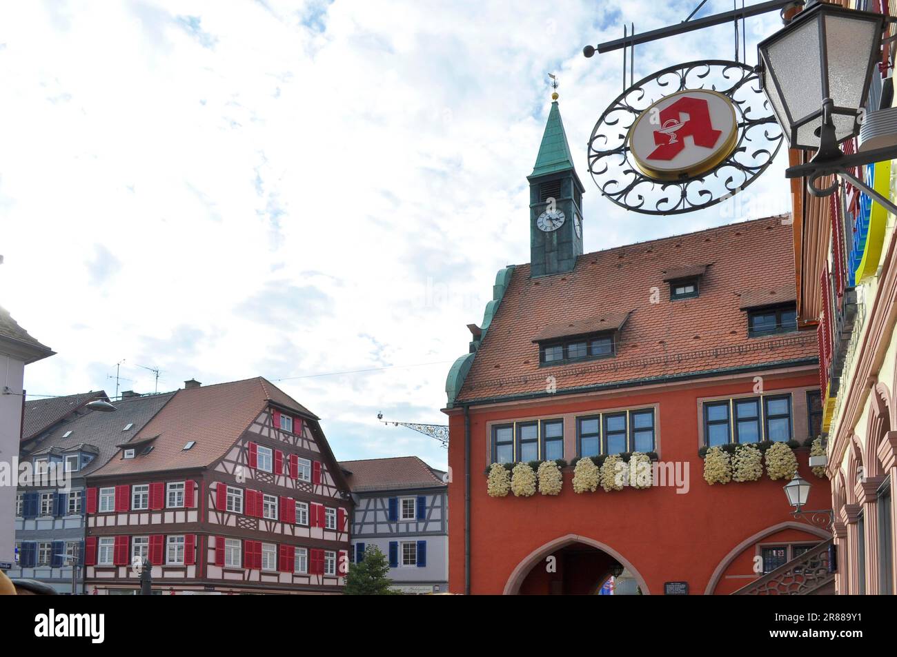 Old town hall, chysanthemums at the window, gardens, Chrysanthema in ...