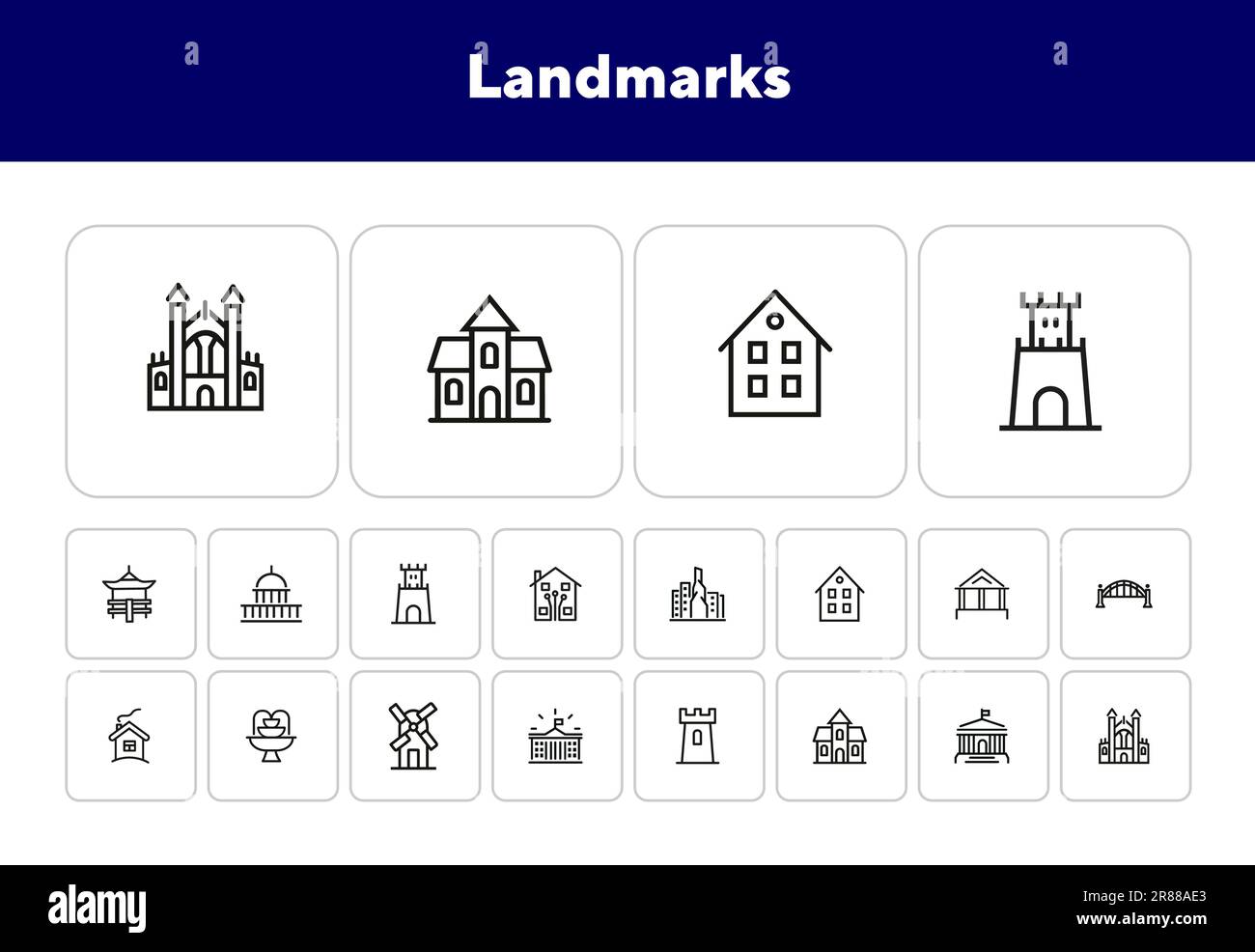 Landmarks line icon set. House, bridge, mill Stock Vector Image & Art ...